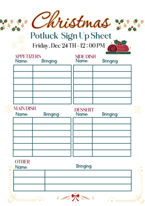 Chistmas Potluck Sign up Sheet Template | PosterMyWall