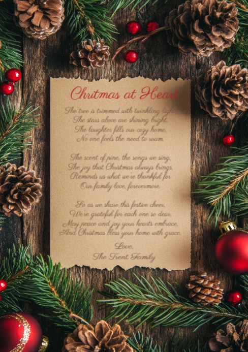 Copy of Christmas at heart poem greeting wishing card pine greenery ...