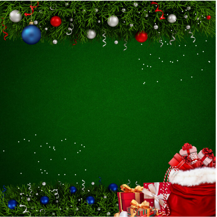 Copy of Christmas Border with Gifts and Ornaments on Green Background ...