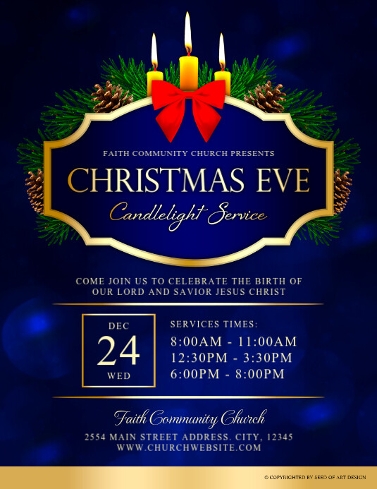 Christmas Candlelight Service Gold Blue Bokeh Pine Church Flyer ...