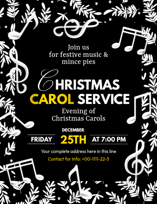 Christmas Carol Service Flyer Template 2025 | Musical Notes Mince Pies ...
