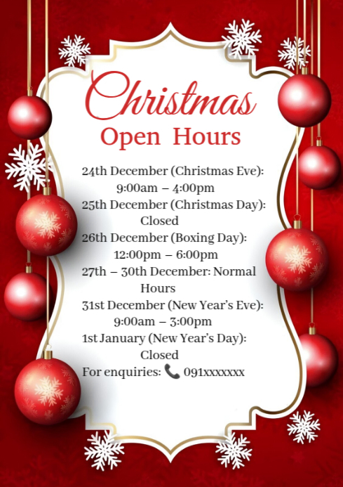 Christmas Open Hours A4 Template | PosterMyWall