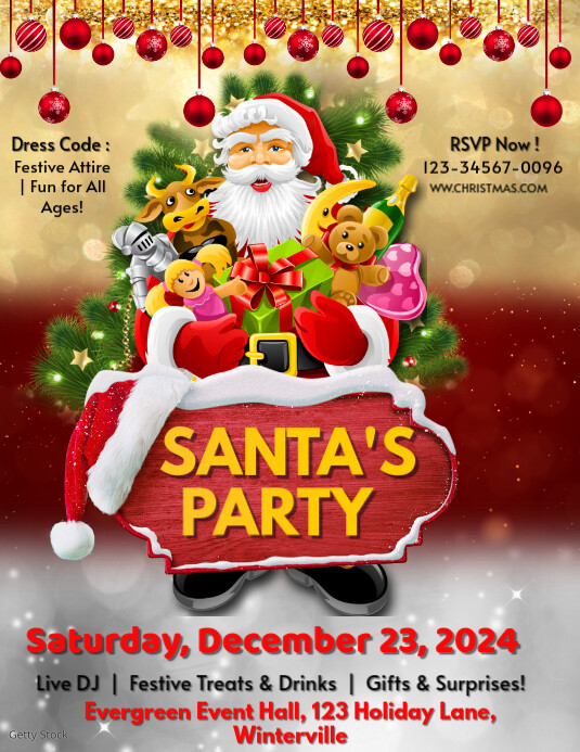 Christmas Party Flyer Template Featuring Santa Holding Gifts | PosterMyWall