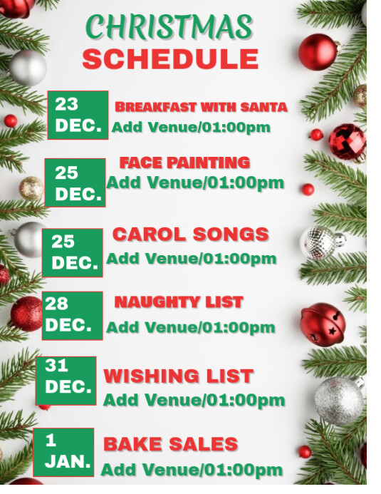 Plantilla de Christmas schedule Festive events | PosterMyWall