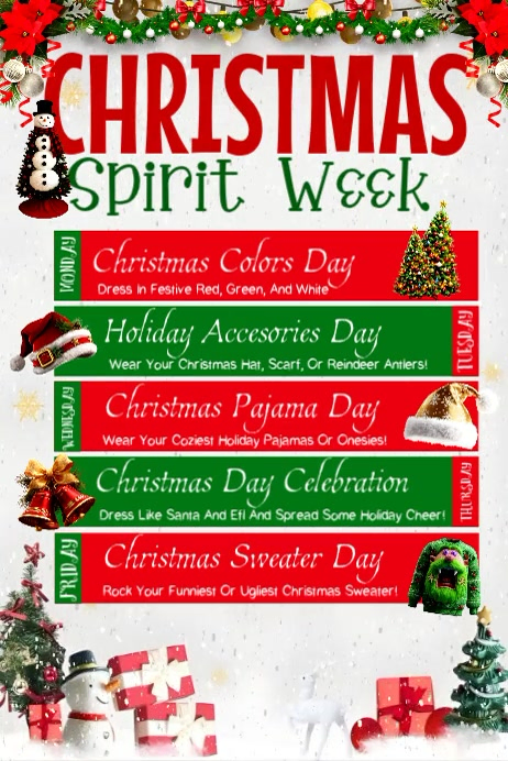 Christmas Spirit Week Daily Themes Template | PosterMyWall