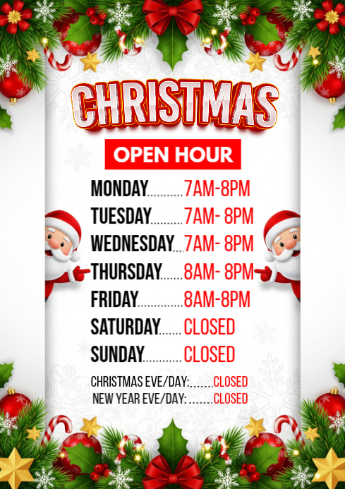 christmas store opening closing times Template | PosterMyWall