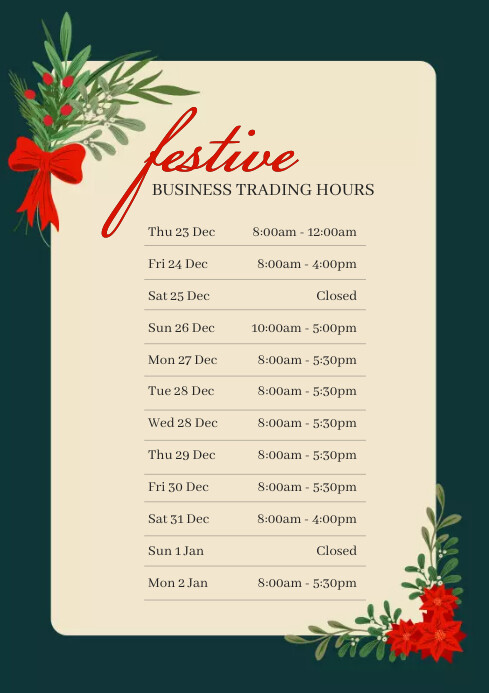 CHRISTMAS TRADING HOURS DESIGN TEMPLATE | PosterMyWall