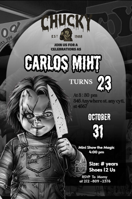 Plantilla de Chucky Invitation celebration temple flayer editablet ...