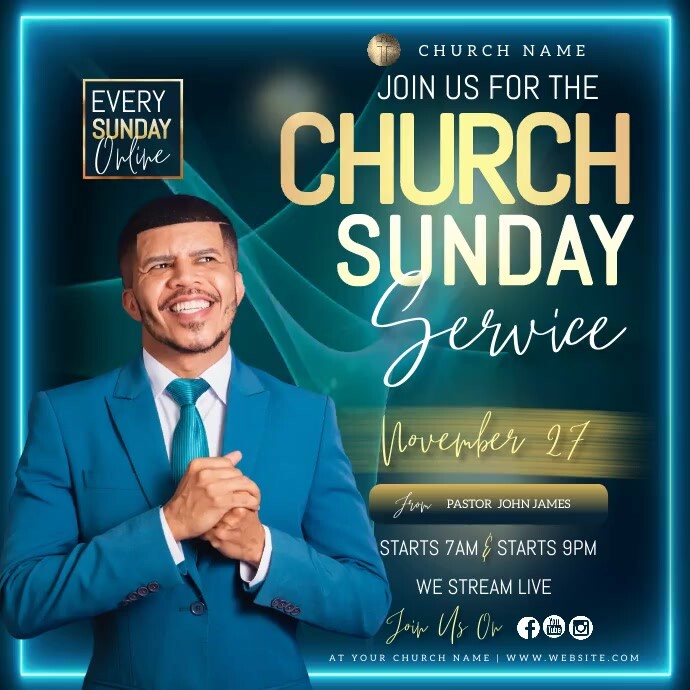 Copy of church sunday service blue design template | PosterMyWall