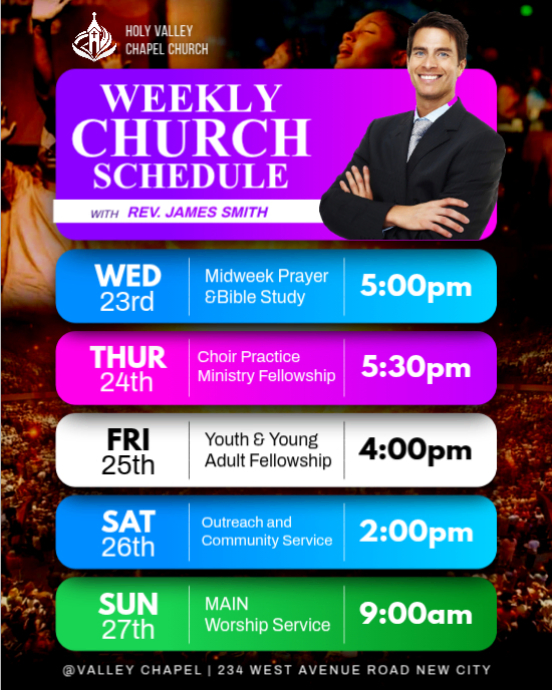 Church Weekly services bible study prayer and worship pastor Schedule ...