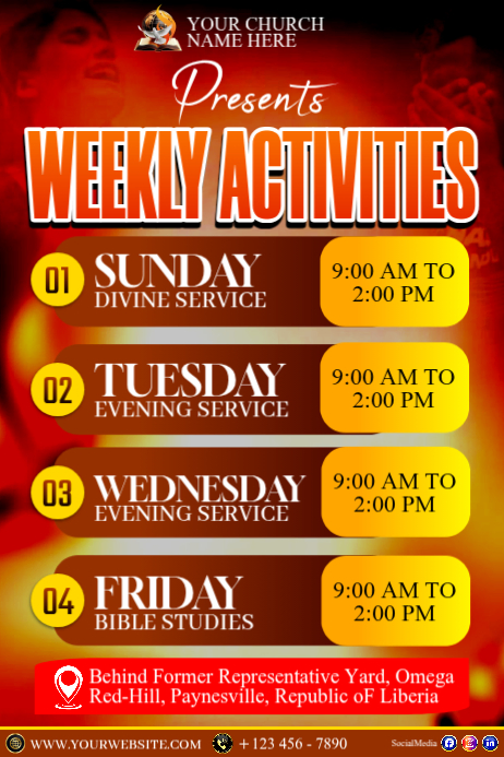 Church Weekly Worship Activities Schedule Template | PosterMyWall