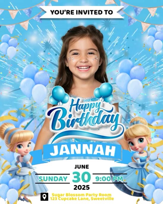 cinderella theme birthday invitation for kids Template | PosterMyWall