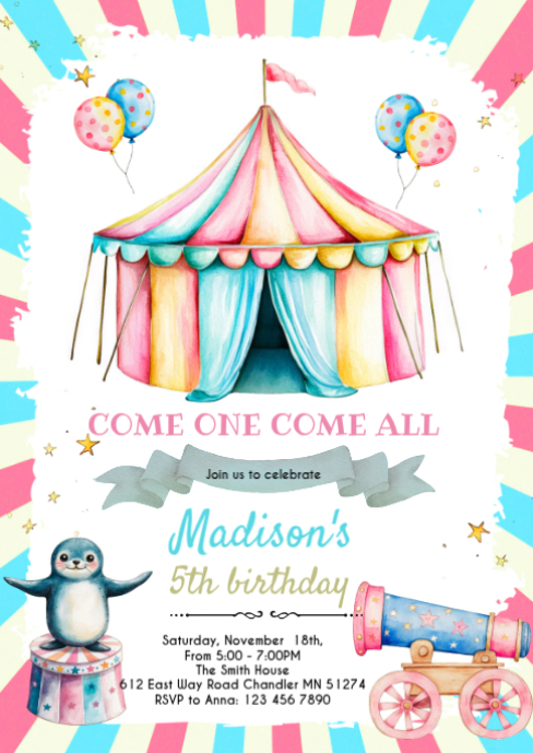 Circus Birthday Party invitation Template | PosterMyWall
