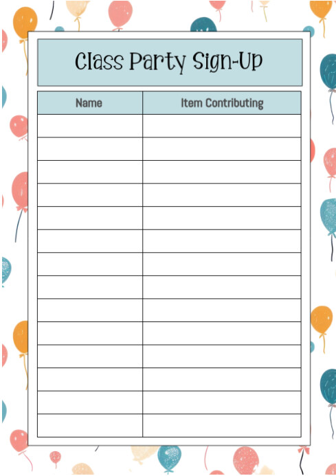 Class Party Sign-Up Worksheet in Aqua and White Pastel Style Template ...
