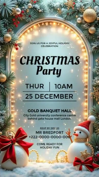 Classic snowy christmas Party Invitation 2025 | Festive Gold Lights ...