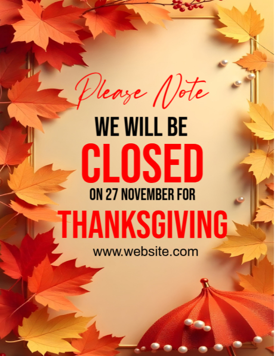 Plantilla de Closed For Thanksgiving Poster Flyer (us Letter ...