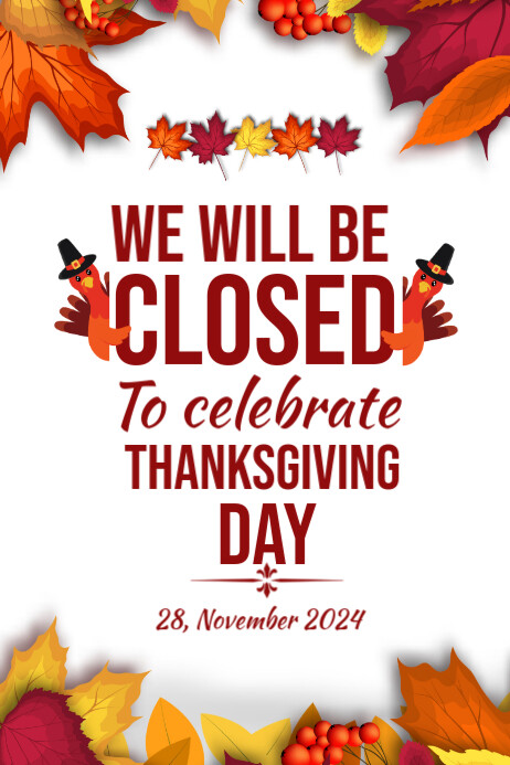 Closed Thanksgiving Poster 2024 Template | PosterMyWall