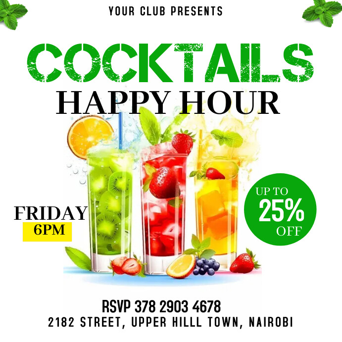 Cocktails, Happy Hour, Menu Template | PosterMyWall