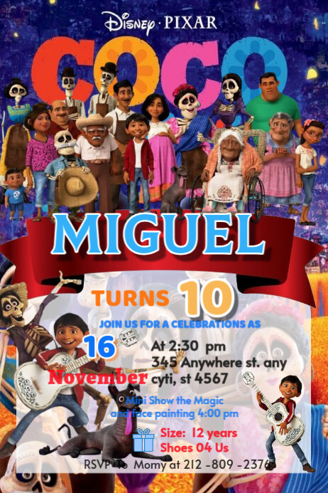 Modèle Coco Invitation Happy Brithday Party Temple Boy Celebration Kids Disney Brithday Temple ...