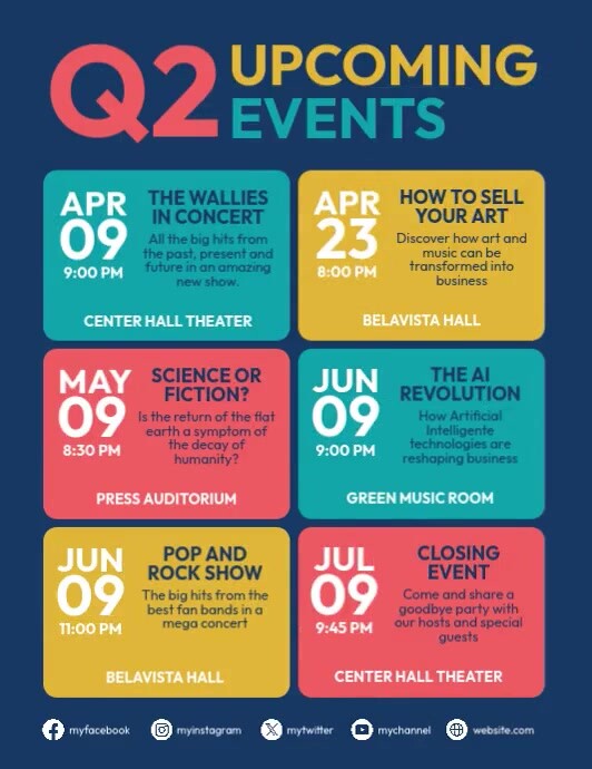 Color Blocks Q2 Upcoming Events Flyer Template | PosterMyWall