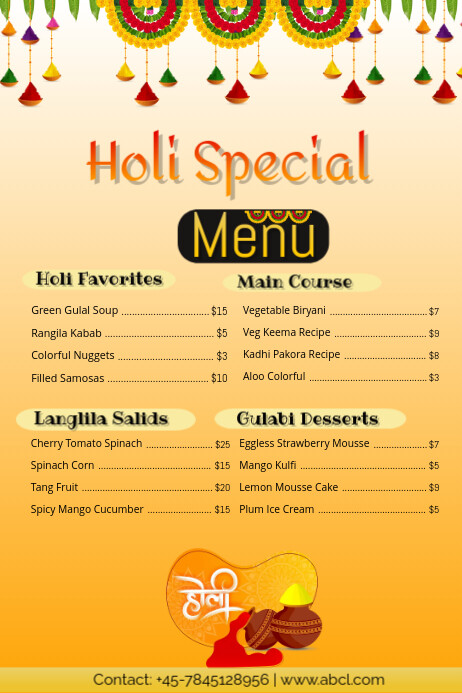 Copy of colorful holi menu card template free download poster ...