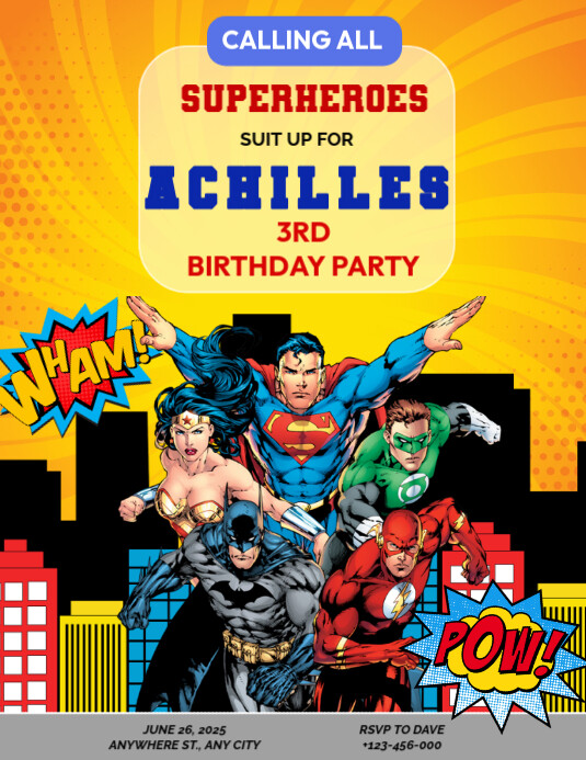COLORFUL ILLUSTRATIVE SUPERHERO KIDS BIRTHDAY INVITATION Template ...