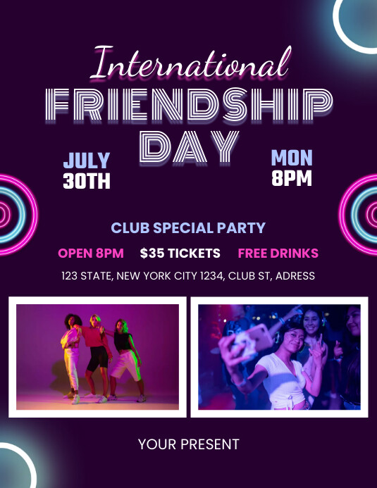 Colorful Neon Friendship Day Party Flyer Template | PosterMyWall