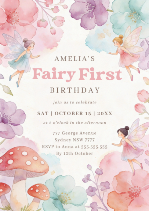 Colorful Pastel Floral Garden Fairy 1st Birthday Invitation Template ...