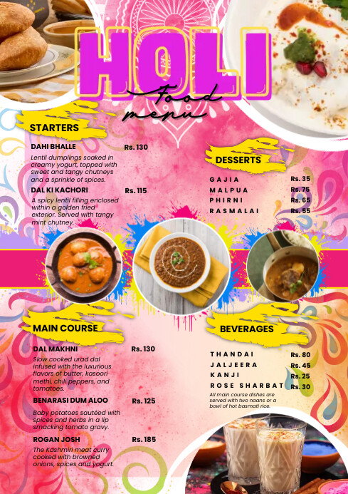 Colorful Photo Collage Holi Menu Template | PosterMyWall