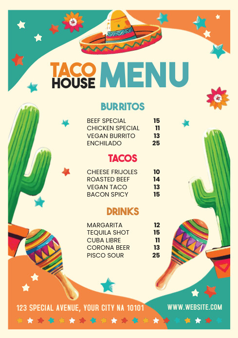 Colorful Taco House Mexican Food Menu A4 Template | PosterMyWall