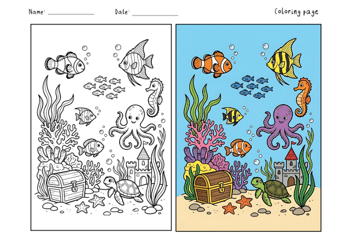 Coloring Page For Children Aquatic Themed A3 Template | PosterMyWall