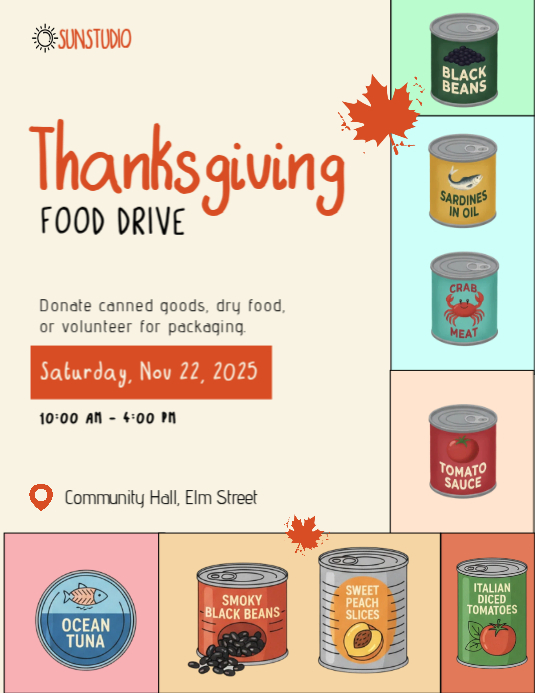 Plantilla de Colourful Thanksgiving Food Drive Flyer | PosterMyWall