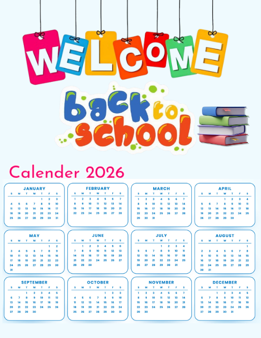Colourful welcome back to school 2026 Calendar Template | PosterMyWall