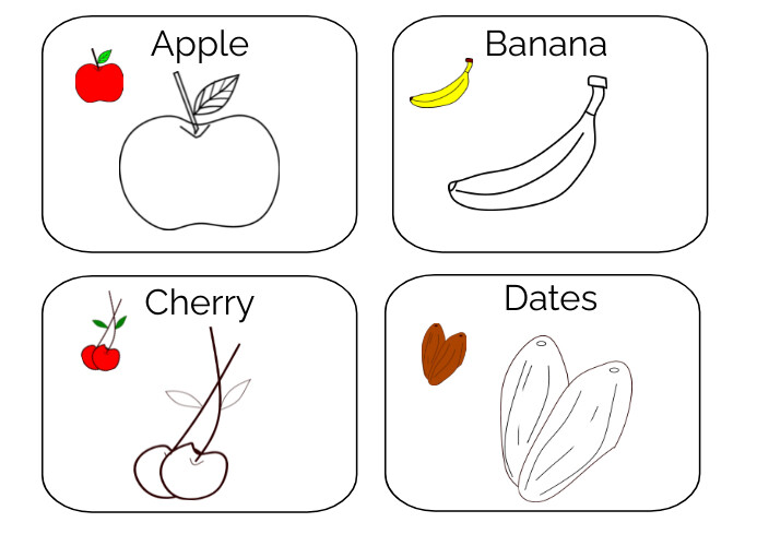 Colouring Fruits Flash Card A,B,C,D Fruit Nam Template | PosterMyWall