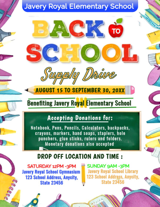 Community Supply & Donation Drive Flyer – School, Charity, Fundraiser & Nonprofit Event Poster ...
