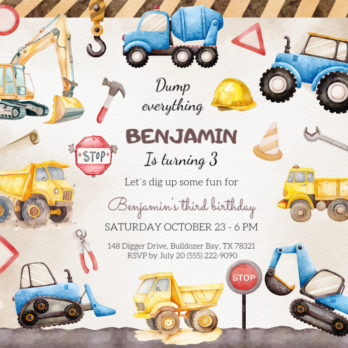 Construction Birthday Invitation Template | PosterMyWall