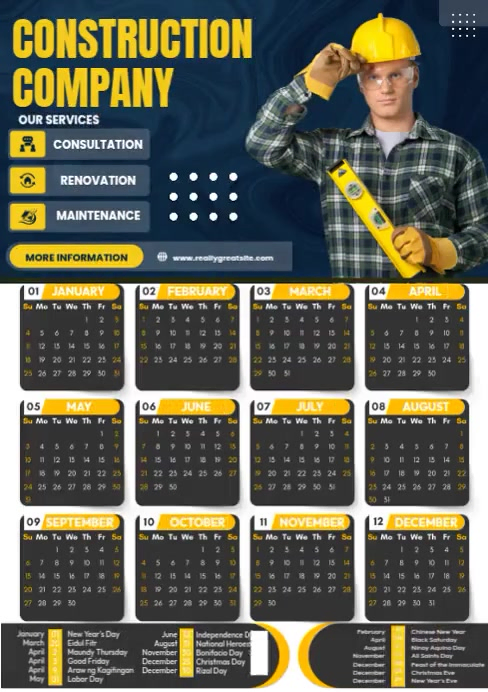 Construction Company Calendar Template | PosterMyWall
