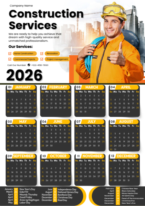 Construction Services Calendar Template | PosterMyWall