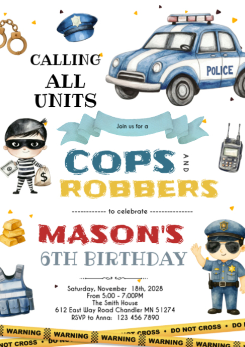 Cops and Robbers party theme invitation Template | PosterMyWall