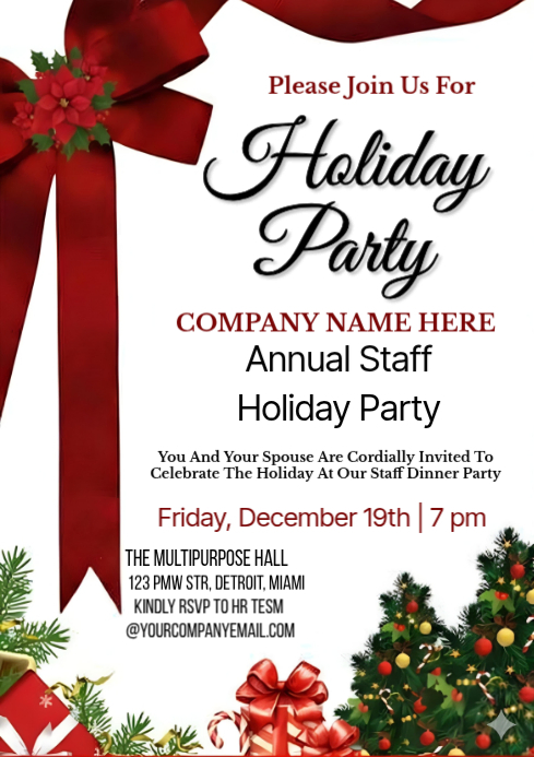 Corporate Holiday Party Invitation Template – Elegant Red Bow Theme ...