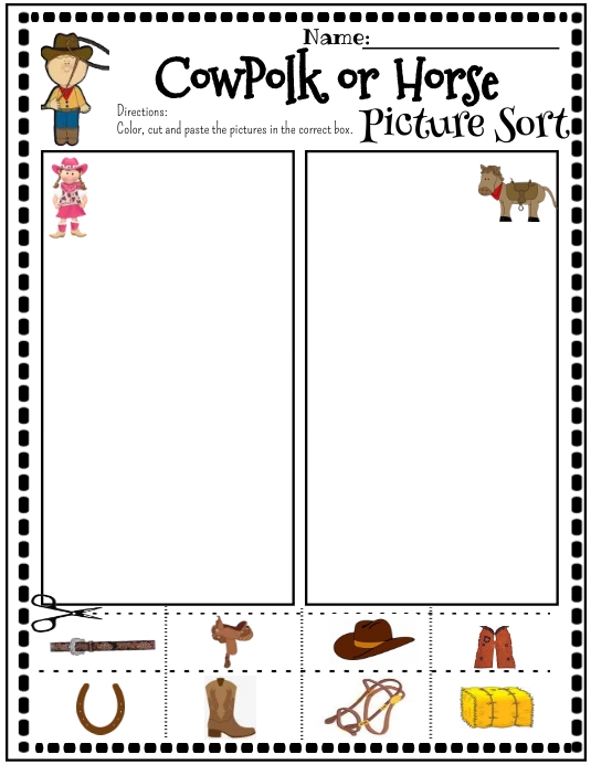 Cowpolk or Horse Picture Sort Worksheet Template | PosterMyWall