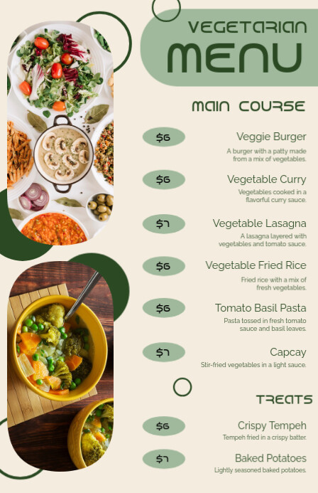 Cream & Green Elegant Vegetarian Menu Template (Half Page Wide ...