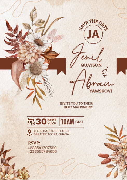 Cream and Brown Floral Watercolor Wedding Invitation Template ...