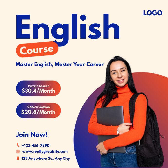 Cream Blue Orange Modern English Course Insta Template | PosterMyWall