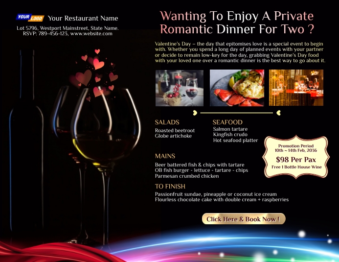 Creative Valentine's Dinner Menu Flyer Design Template | PosterMyWall