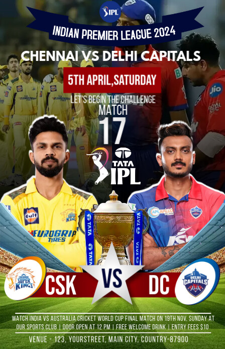Copy of CSK vs DC Ipl Cricket Match Poster Template | PosterMyWall