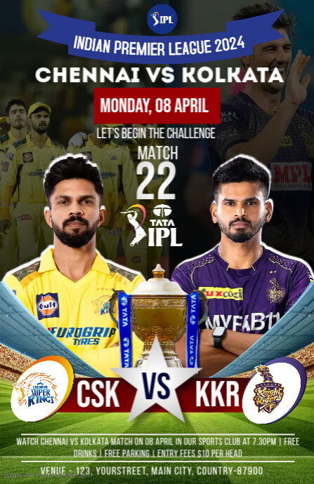 CSK vs KKR ipl match Poster Template | PosterMyWall