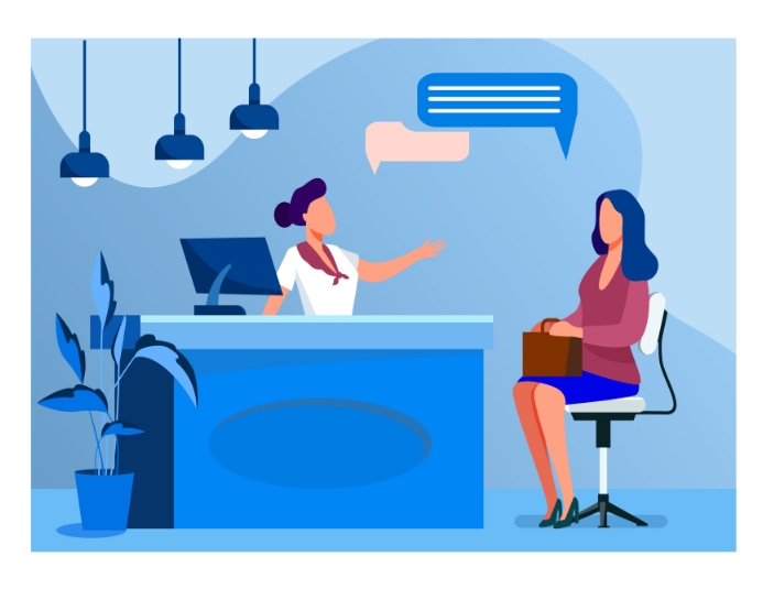 Customer manager talking reception desk Template | PosterMyWall