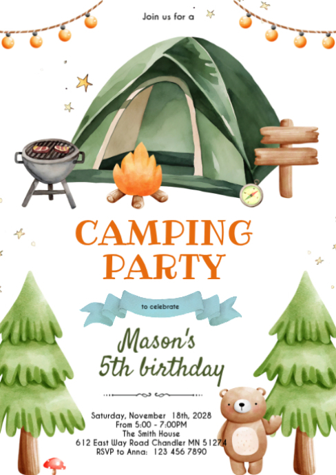Cute camp party theme invitation Template | PosterMyWall