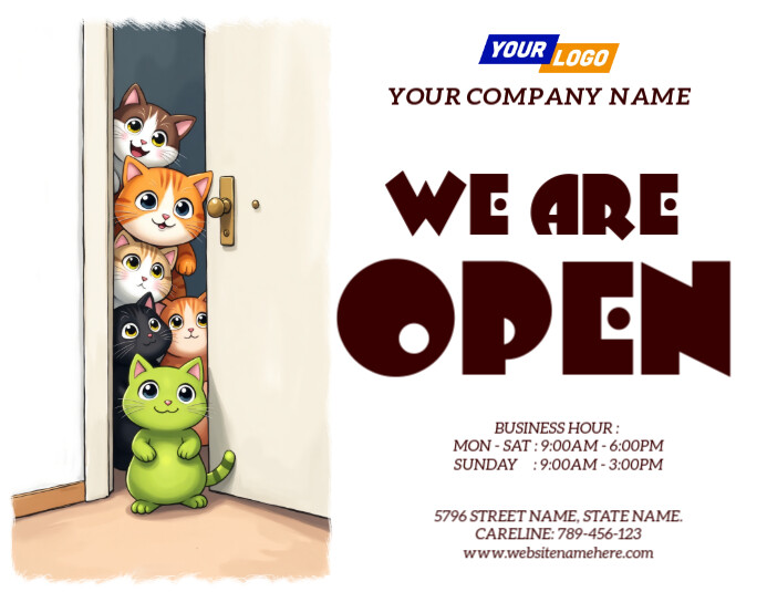 Plantilla de Cute Cat We Are Open Sign Design | PosterMyWall